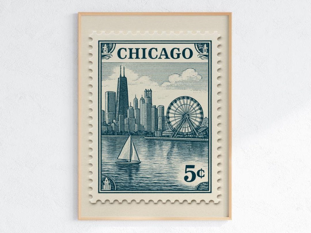 Chicago Vintage Stamp Poster – Retro Navy Pier & Skyline Art Print ...