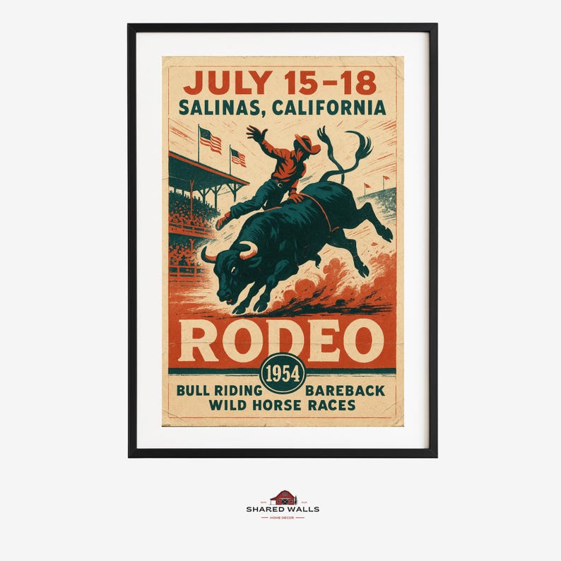 Salinas Rodeo 1954 Poster – Bull Riding Wall Art, Vintage California ...