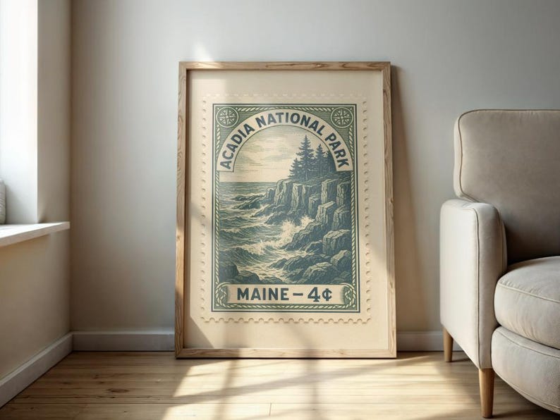 Acadia National Park Vintage Stamp Poster: Maine Coastal Art - Etsy