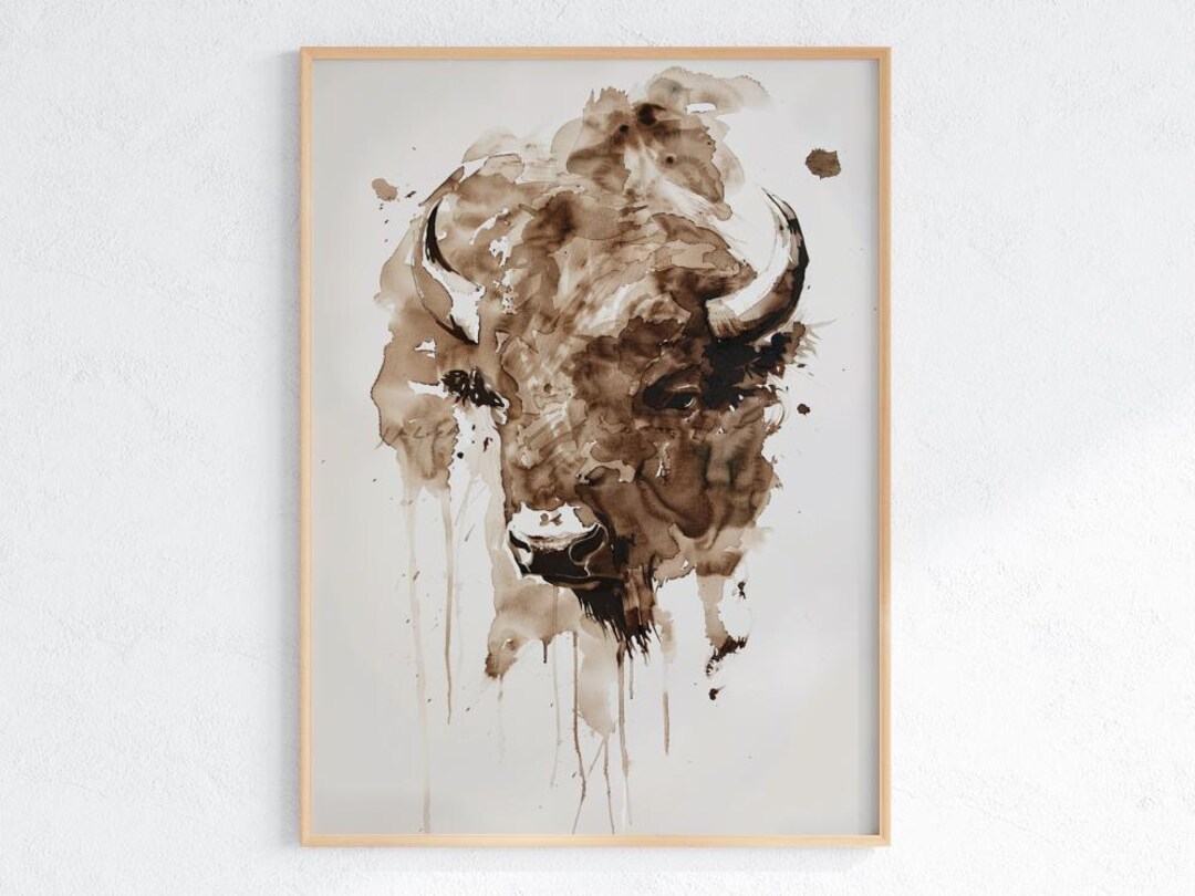 Bison Ink Art Print, Abstract Buffalo Watercolor, Western Wildlife Wall ...