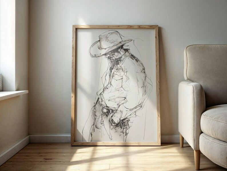 Minimal Cowboy Sketch Wall Art Printable, Abstract Western Line Drawing ...