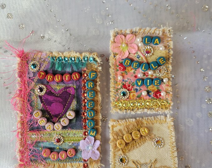 Set of 3 Textile Art Pins, Handmade, One of A Kind, Free Shipping, Gift ...
