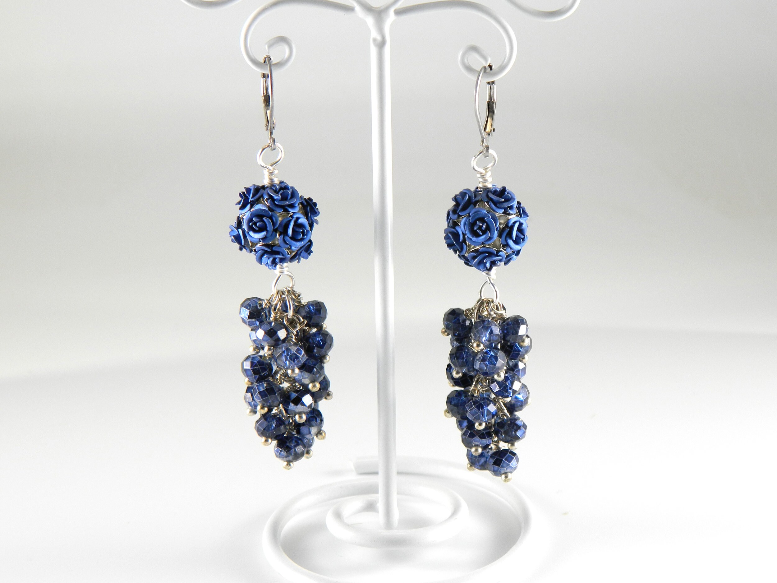 Dark Blue Rose Cluster Earrings, Long Dangle Earrings, Gift for Wife - Etsy