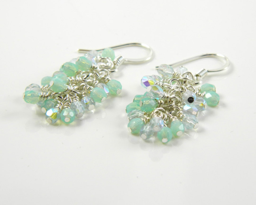Aqua and Seafoam Waterfall Dangle Earrings, Ethereal Cluster Earrings ...