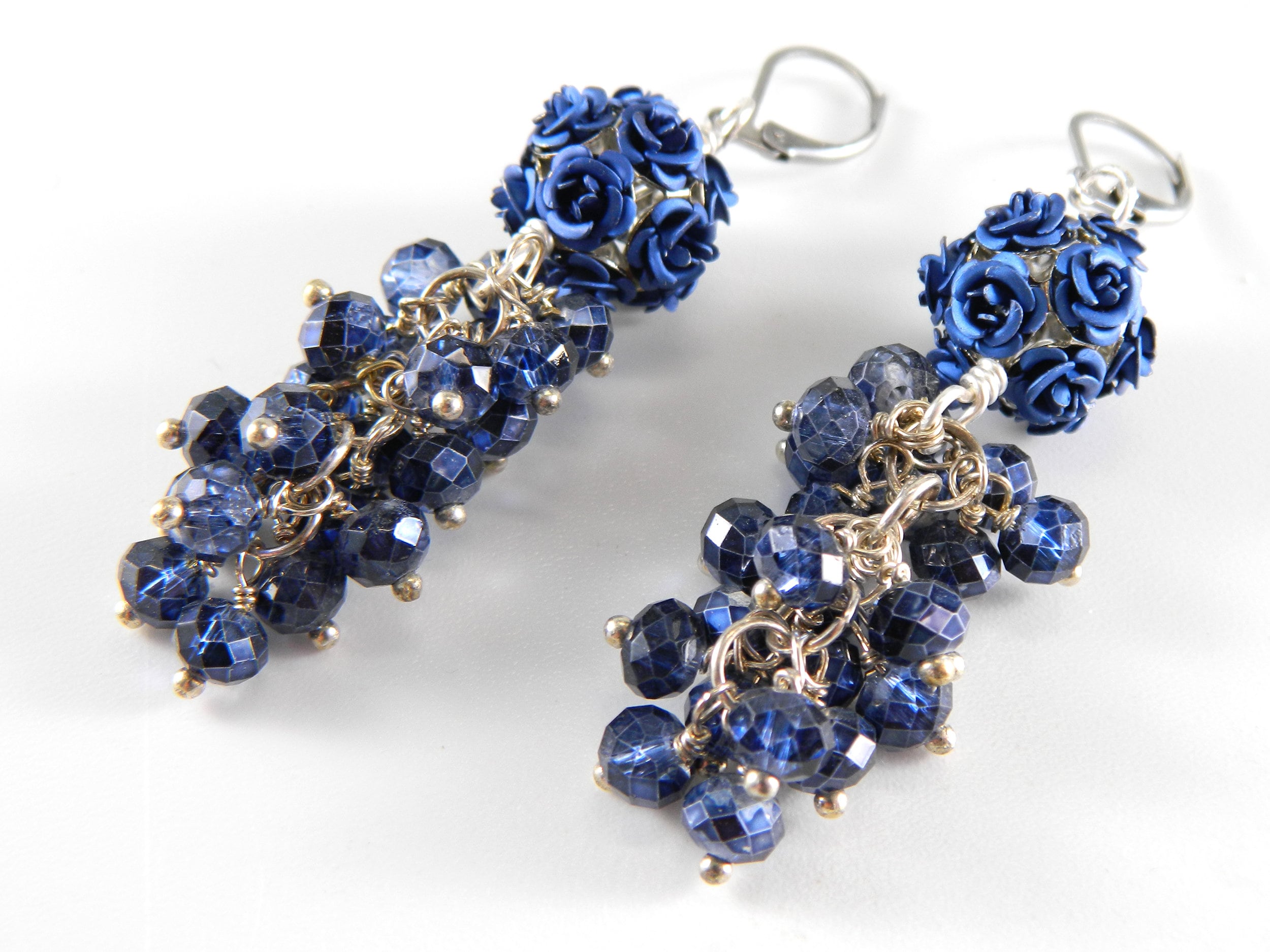 Dark Blue Rose Cluster Earrings, Long Dangle Earrings, Gift for Wife - Etsy