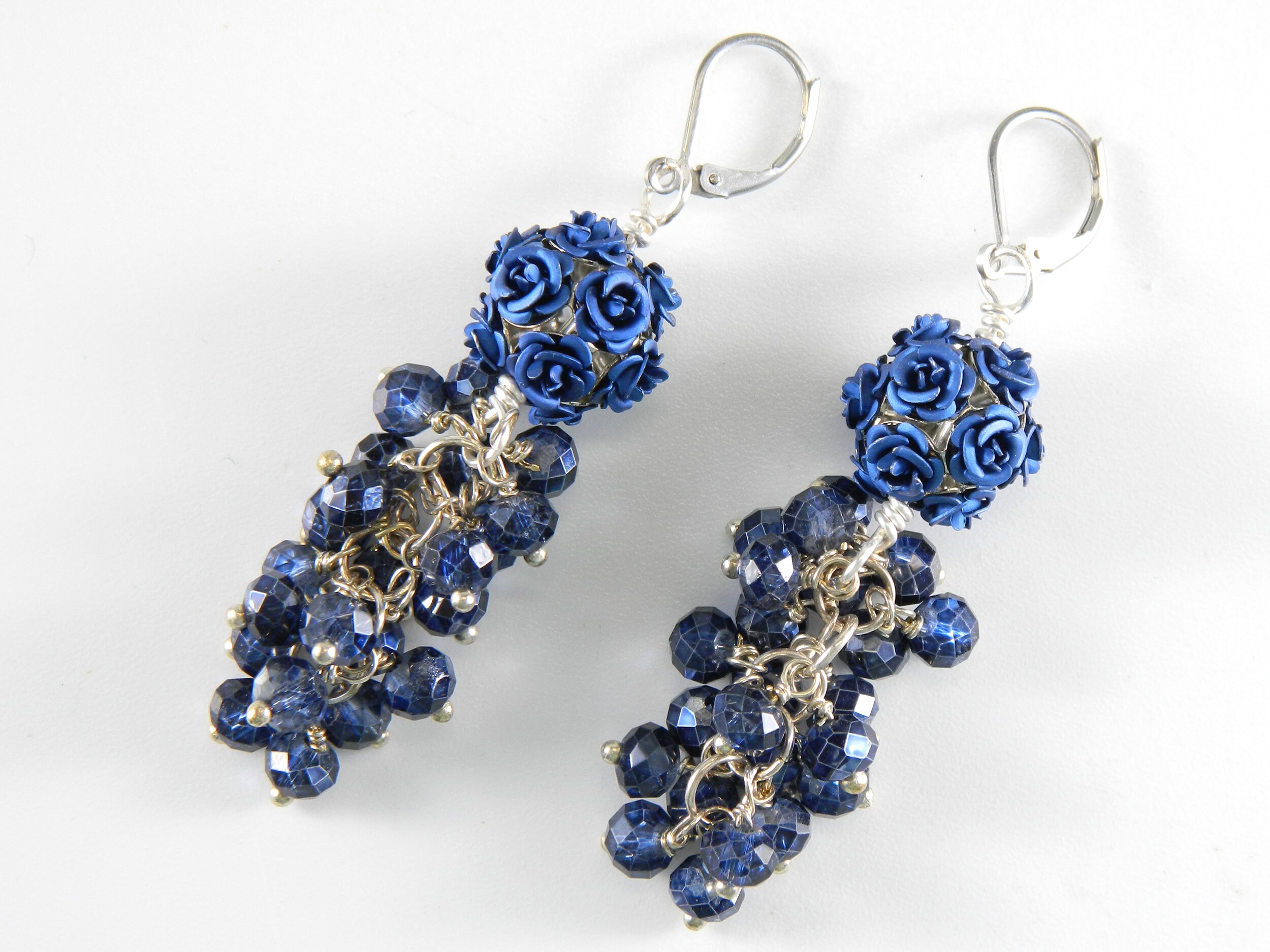 Dark Blue Rose Cluster Earrings, Long Dangle Earrings, Gift for Wife - Etsy