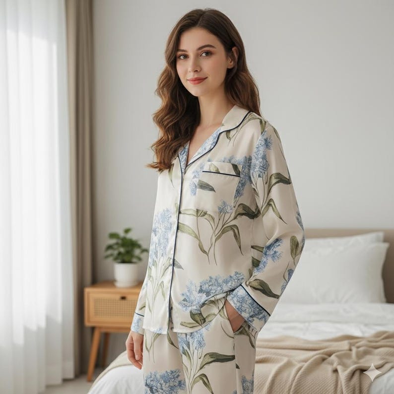 Blue Floral Print Satin Pajamas Set, Bridesmaid Pajamas, Bachelorette ...
