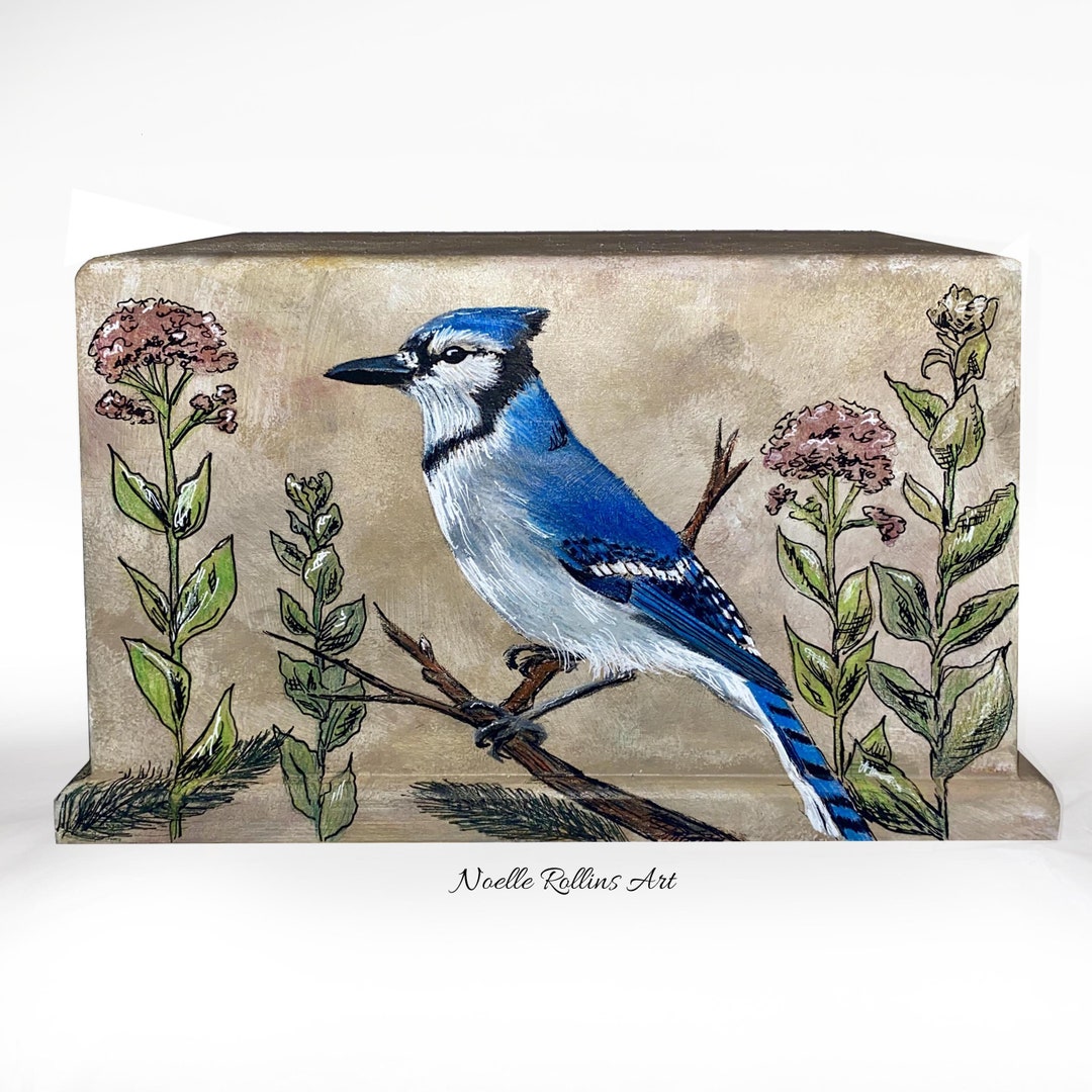 Cremation Urn Blue Jay Hand Painted and Drawn Urn - for Cremation and ...
