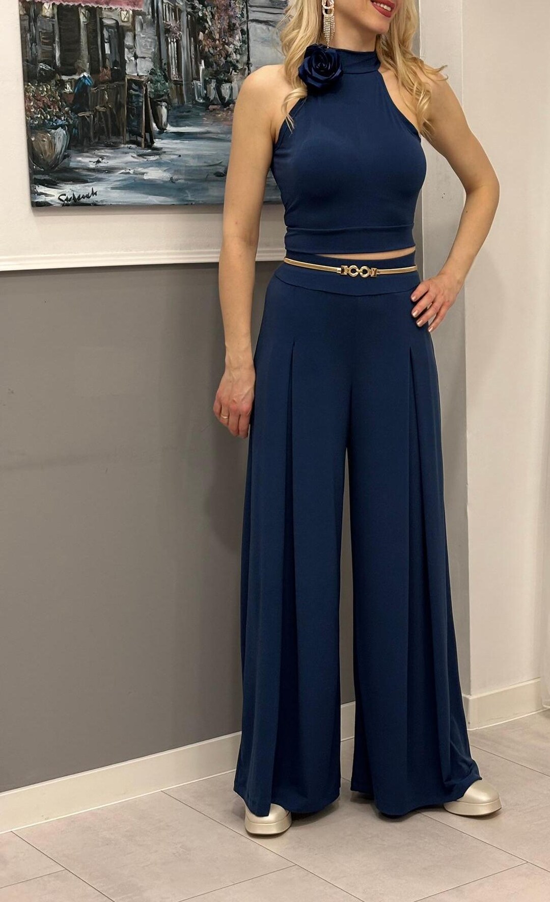 Elegant Navy Blue Two Piece Set Outfits–wide Leg Trousers+top Summer ...