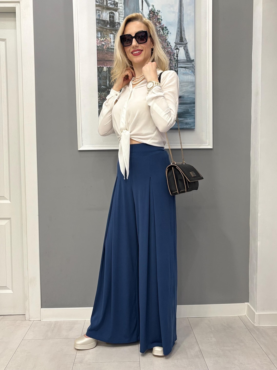 Elegant Navy Blue Palazzo Pants – Women’s Wide-leg Elastic Pants ...