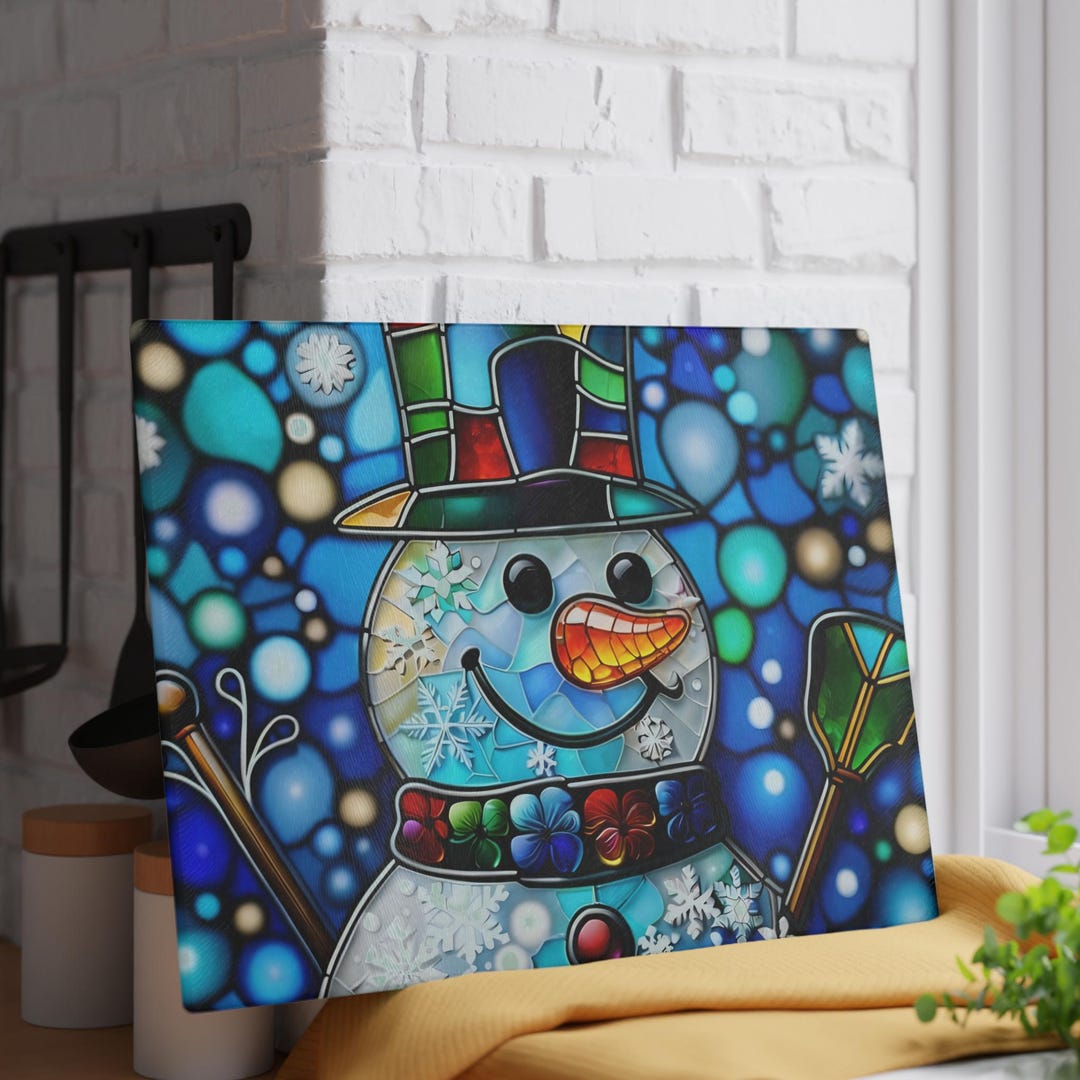 Stained Glass Effect Snowman Cutting Board, Mosaic Christmas Kitchen ...