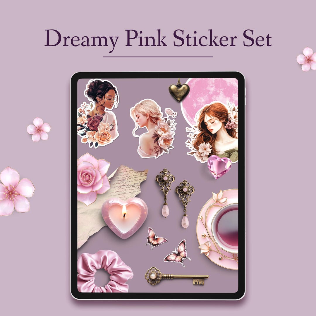Pink Digital Sticker Set – Dolls, Floral Illustrations, Washi Tape, as ...