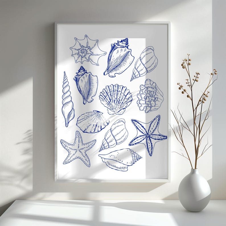 Blue Seashell Wall Art Print, Coastal Ocean Printable Artwork, Beach ...