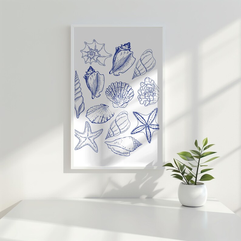 Blue Seashell Wall Art Print, Coastal Ocean Printable Artwork, Beach ...
