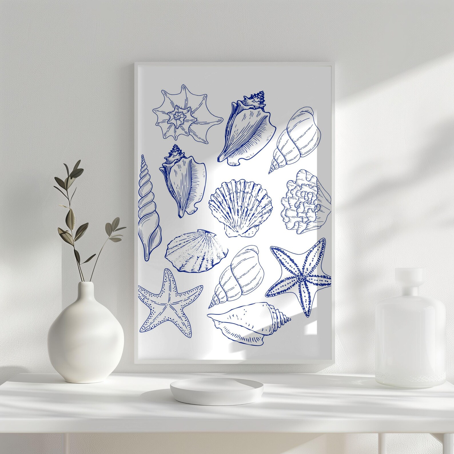 Blue Seashell Wall Art Print, Coastal Ocean Printable Artwork, Beach ...