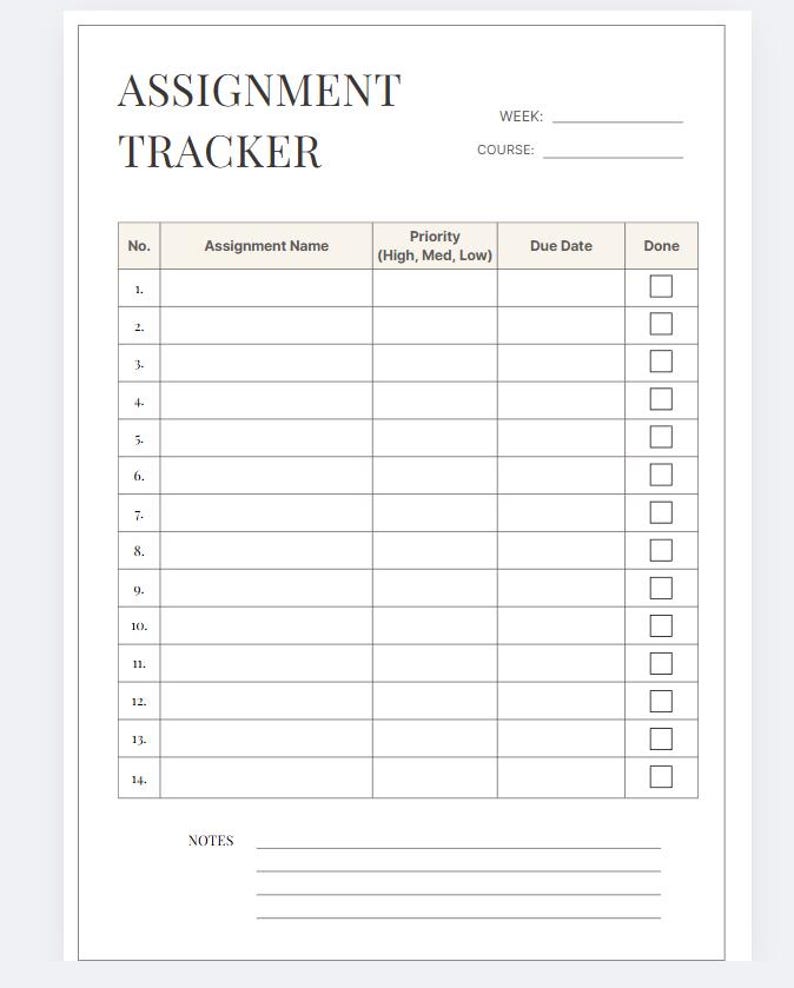 Student Assignment Tracker Printable | Weekly Homework Planner PDF ...