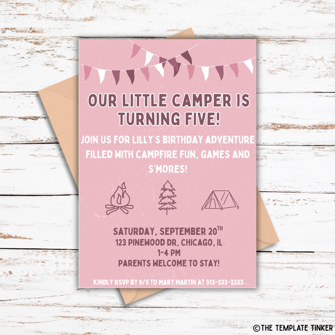 Girls Camping Birthday Party Invitation Template, Campout Party Invite ...