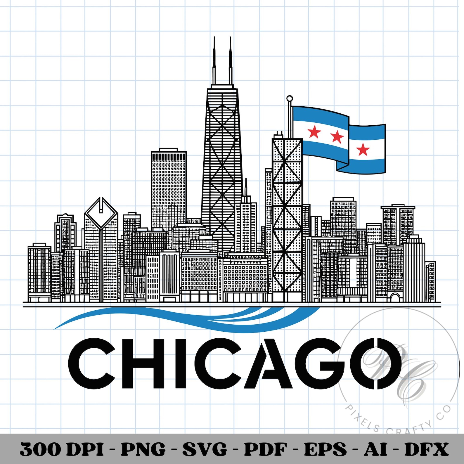 Chicago Skyline SVG for Cricut, Cityscape Cut File With Flag, Chicago ...