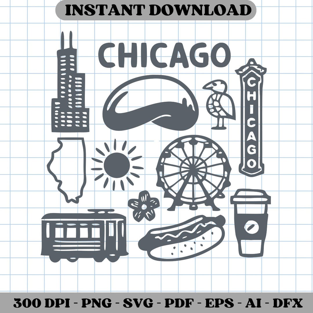 Chicago City Icons Bundle SVG PNG | Hand Drawn Doodle Landmarks ...