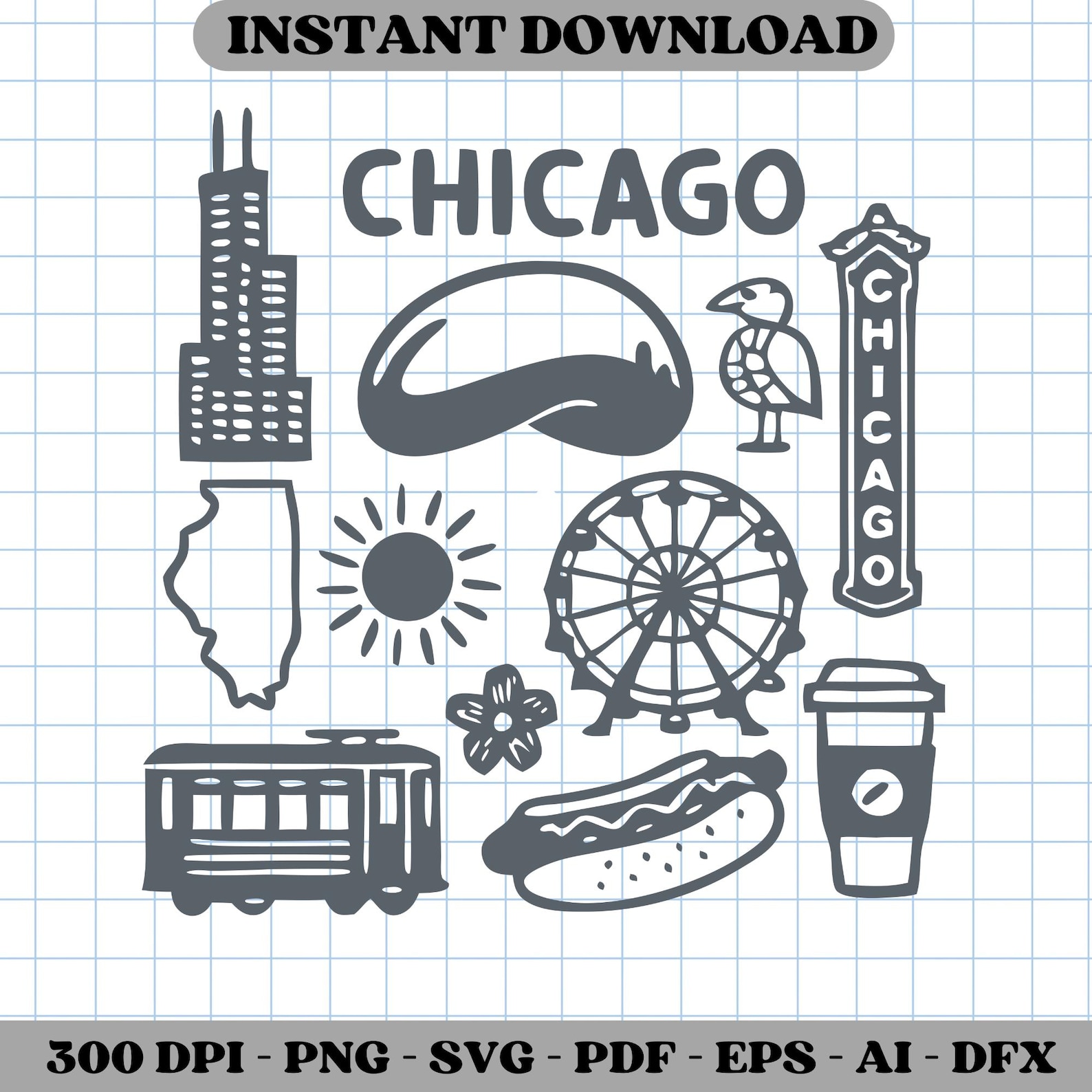 Chicago City Icons Bundle SVG PNG | Hand Drawn Doodle Landmarks ...