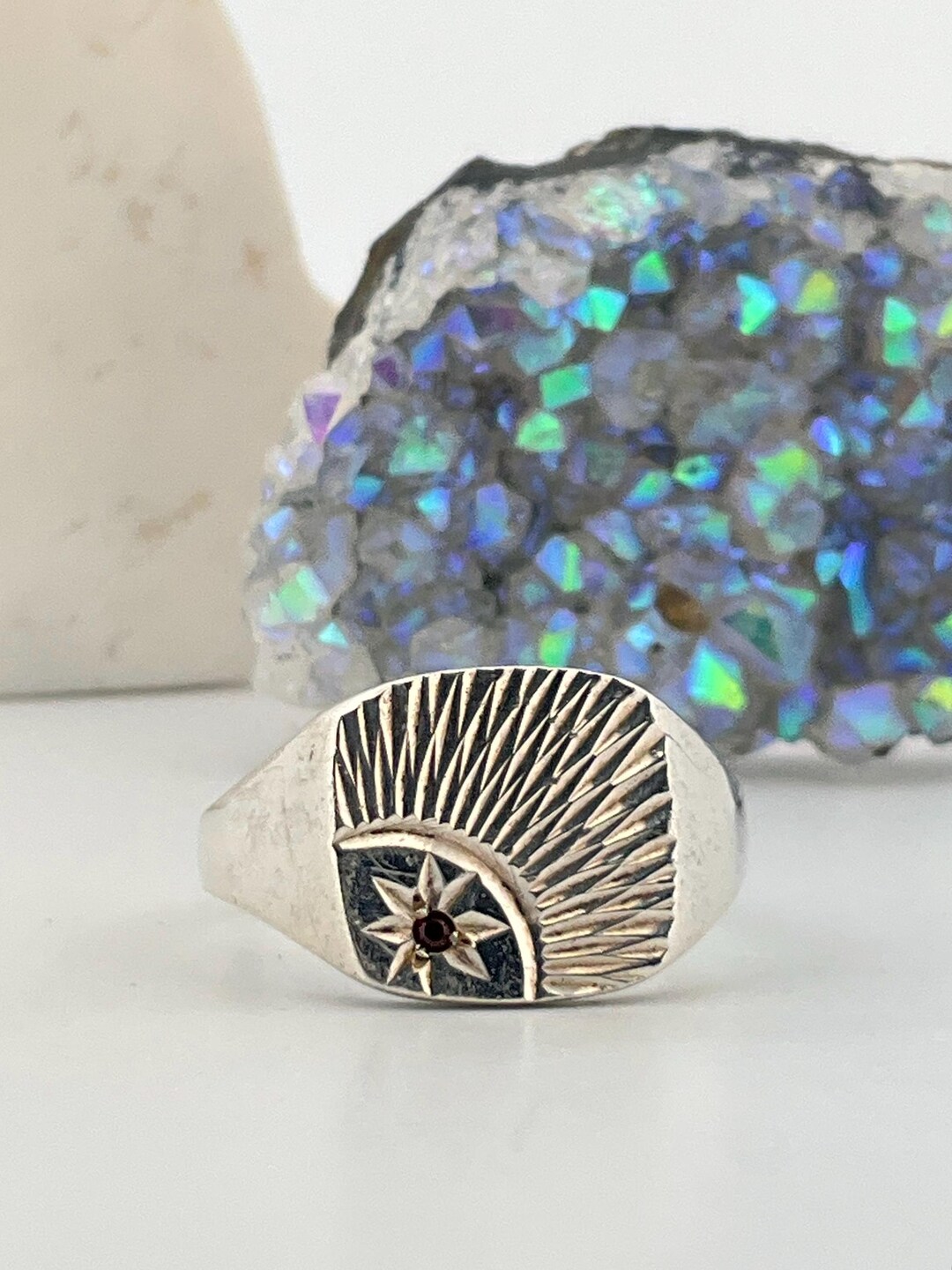 Vintage Sunray Sunburst Garnet Signet Sterling Silver 925 - Etsy