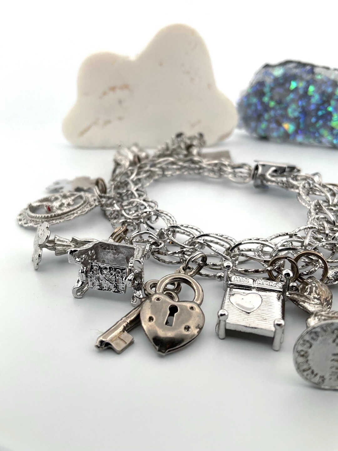 Vintage Unique 15 Charms Sterling Silver Charm Bracelet 7” Heart Lock ...