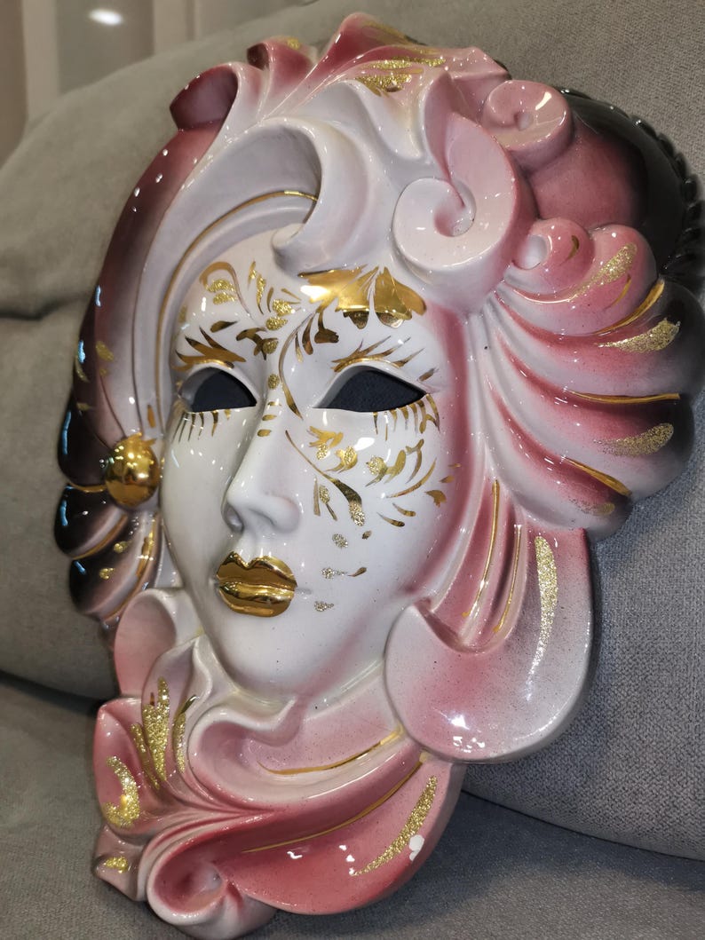 Venetian-style Wall Mask – Pink, Gold & White Ceramic With Elegant ...