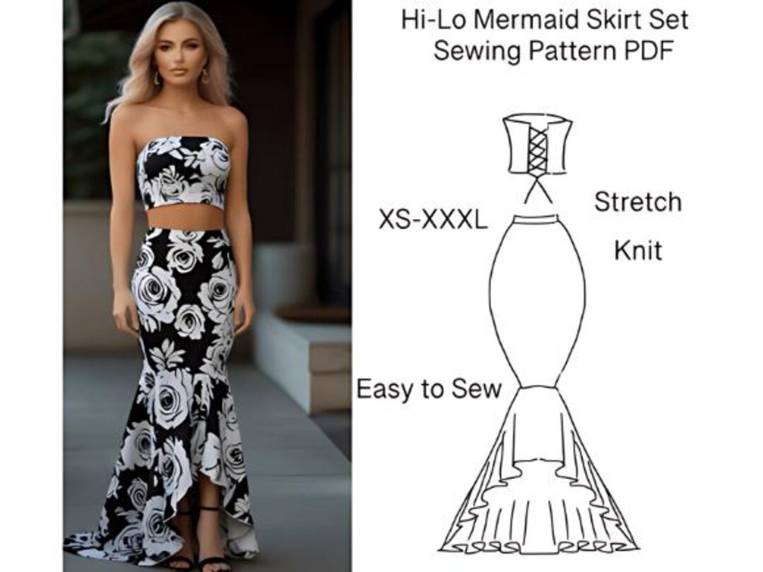 High Low Mermaid Skirt Set Pattern, Woman Digital Sewing Pattern ...
