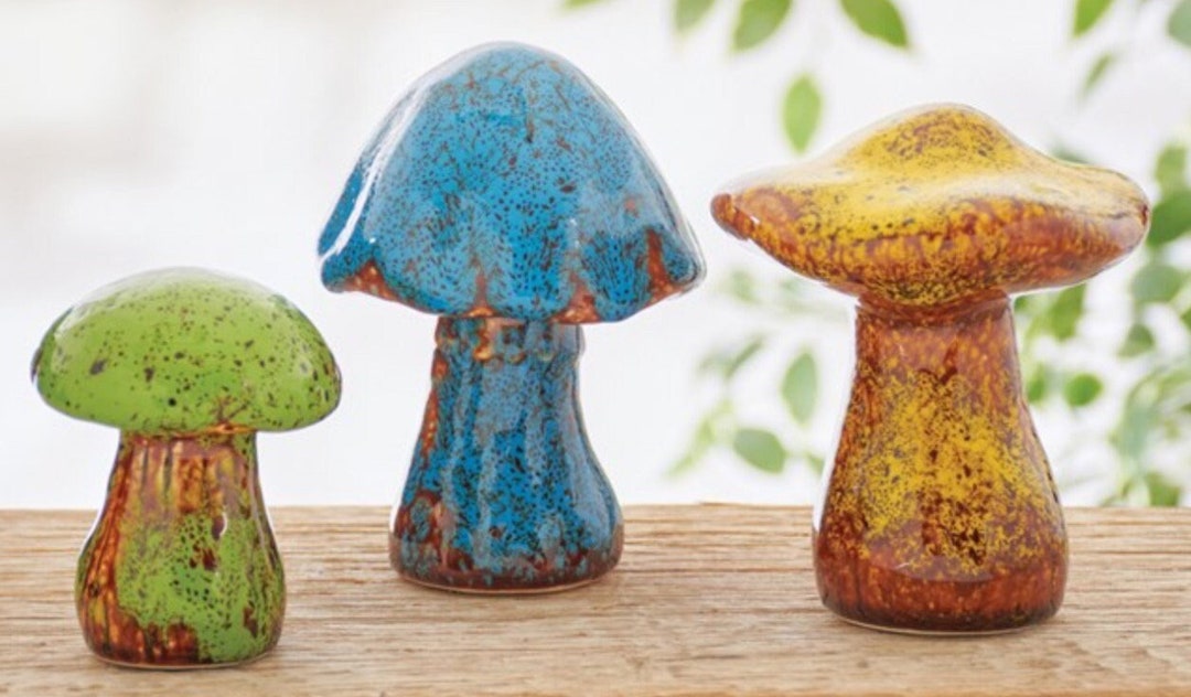 Set 2 Ceramic Garden Mushrooms Garden Toadstools Green & Yellow - Etsy