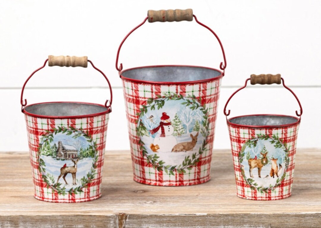 Rustic Farmhouse Galvanized Metal Bucket Christmas Winter Deer Bucket ...