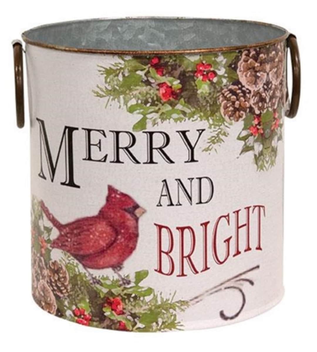 Lg. Rustic Farmhouse Galvanized Metal Bucket Christmas Cardinal Bucket ...
