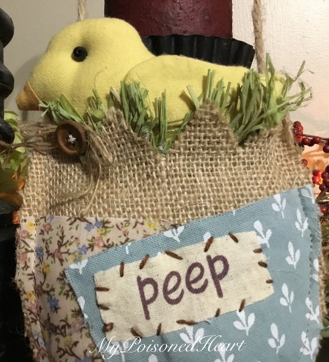 Lg. Primitive Farmhouse Easter PEEP Chick Door Wall Hanger Burlap Sack ...