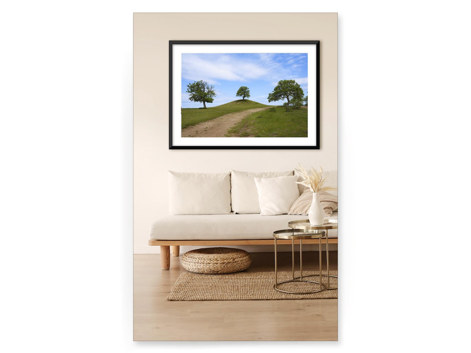 Print With Meadow, Green Grass, Path and Trees Against Blue Sky ...
