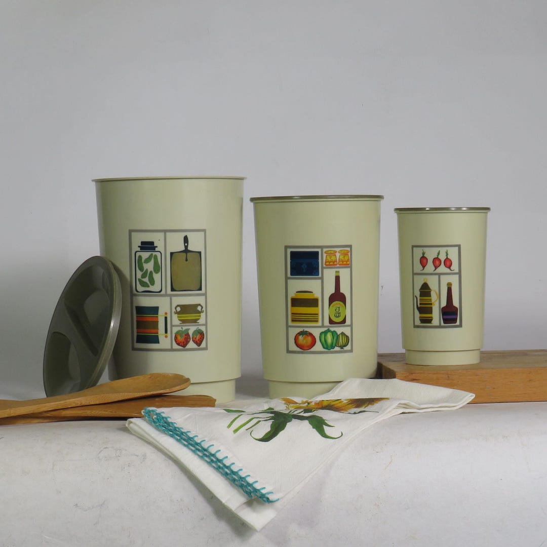 Retro Kitchen Décor - Vintage Canister Set - Beige With Nice Graphics ...