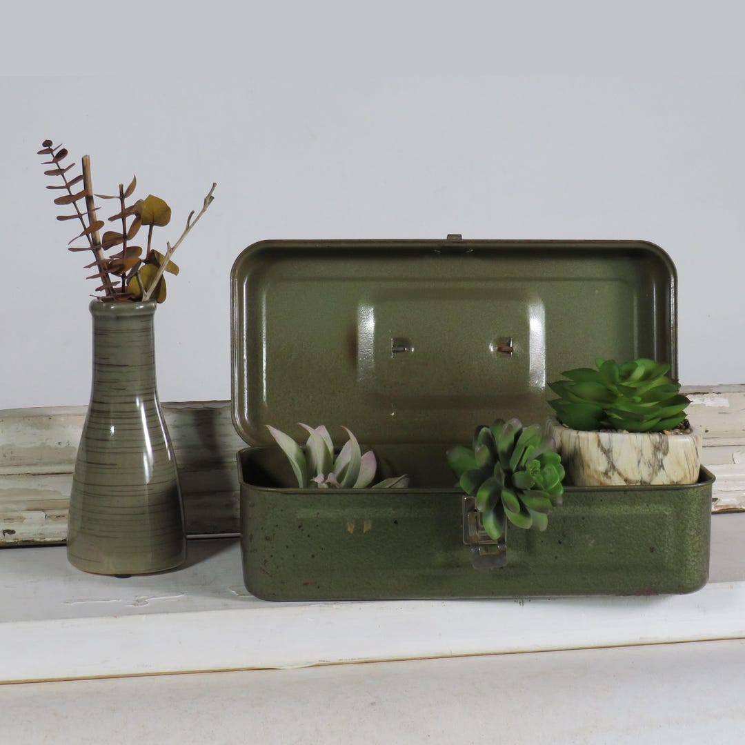 Vintage Tackle Box Tool Box Olive Green Utility Box Storage Box ...