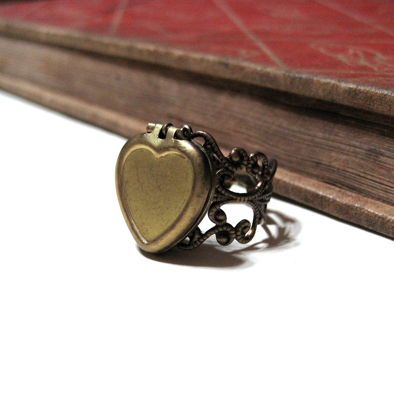 Vintage Heart Locket Ring - Solid Brass - Adjustable - Photo Locket ...