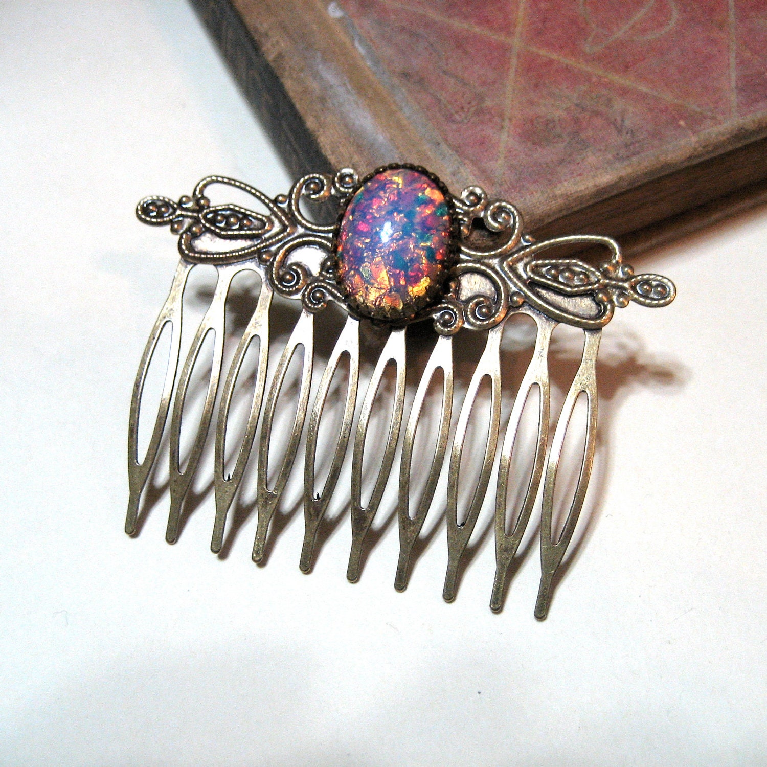 Vintage Pink Harlequin Fire Opal Hair Comb Antiqued Gold - Etsy