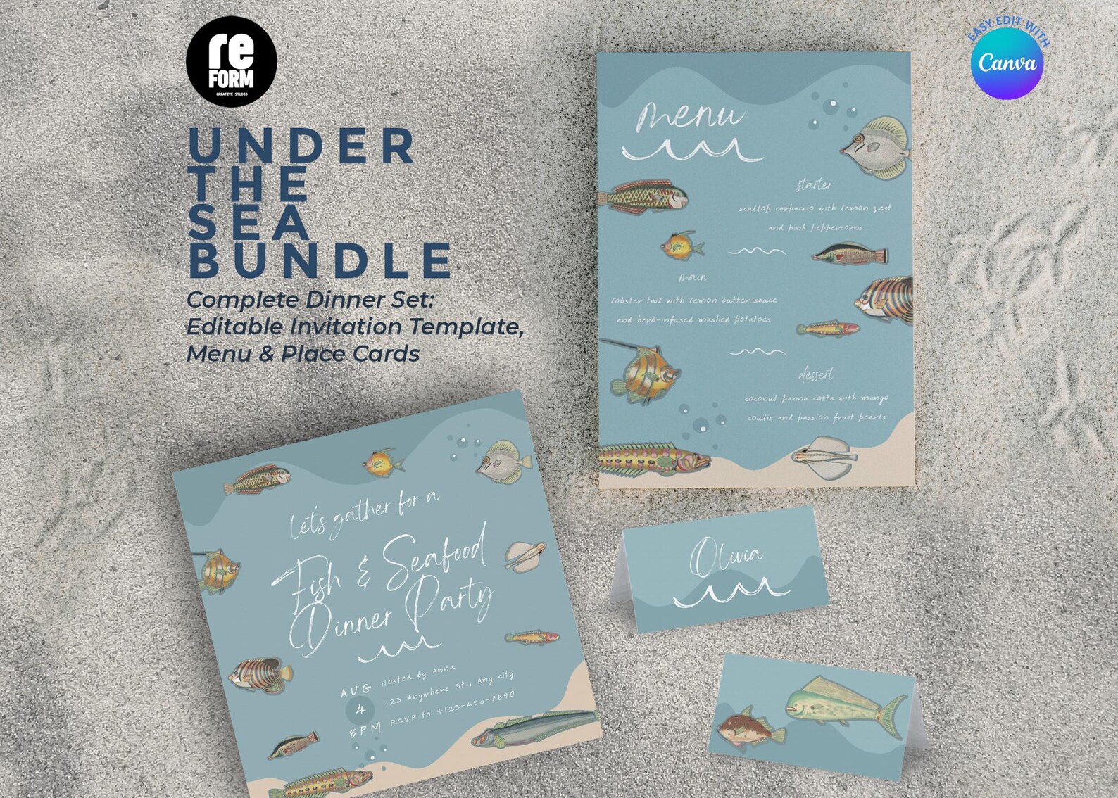 Custom Printable Ocean-themed Dinner Set | Invites, Menu & Place Cards ...