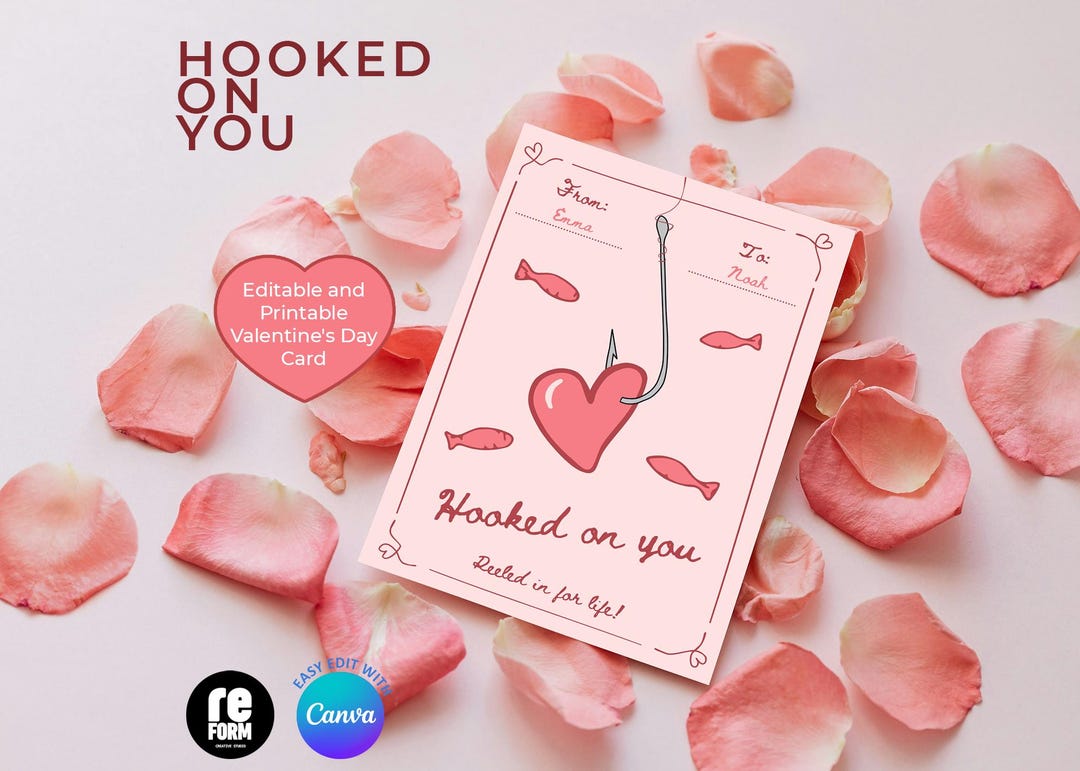 Editable and Printable Valentine's Day Card Hooked on You / Exclusive ...