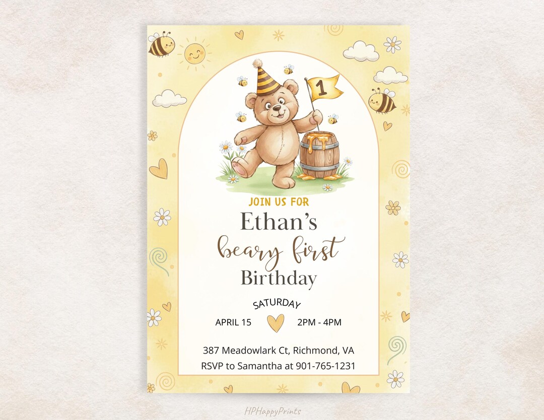 Beary First Birthday Invitation, Teddy Bear 1st Birthday Canva Template ...
