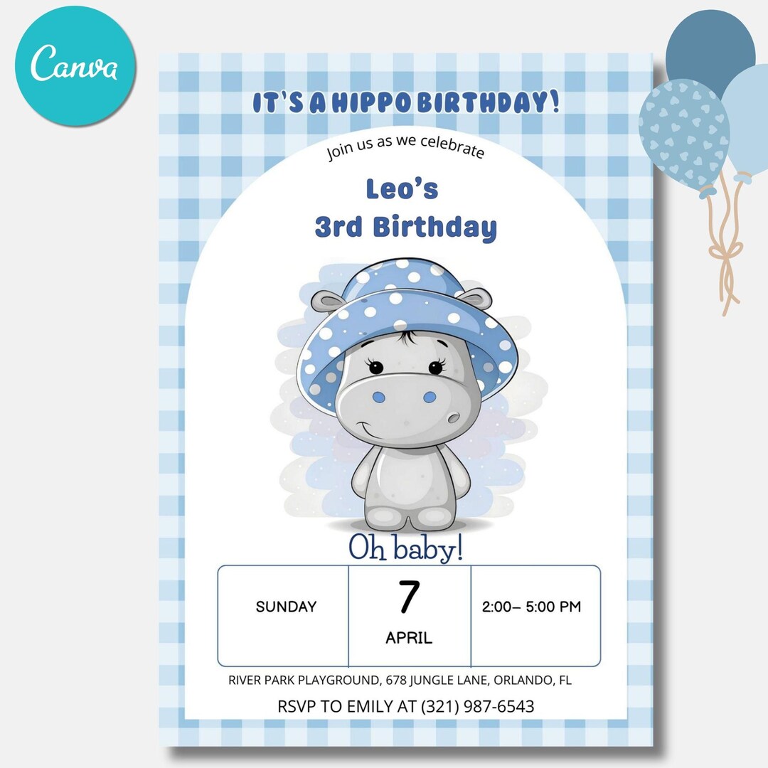Editable Baby Hippo Birthday Invitation – Cute Hippo Party Invite ...