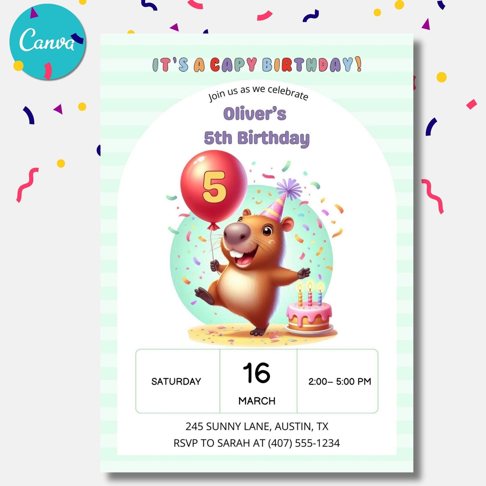 Capybara Birthday Invitation Cute Capybara Party Invite Digital ...