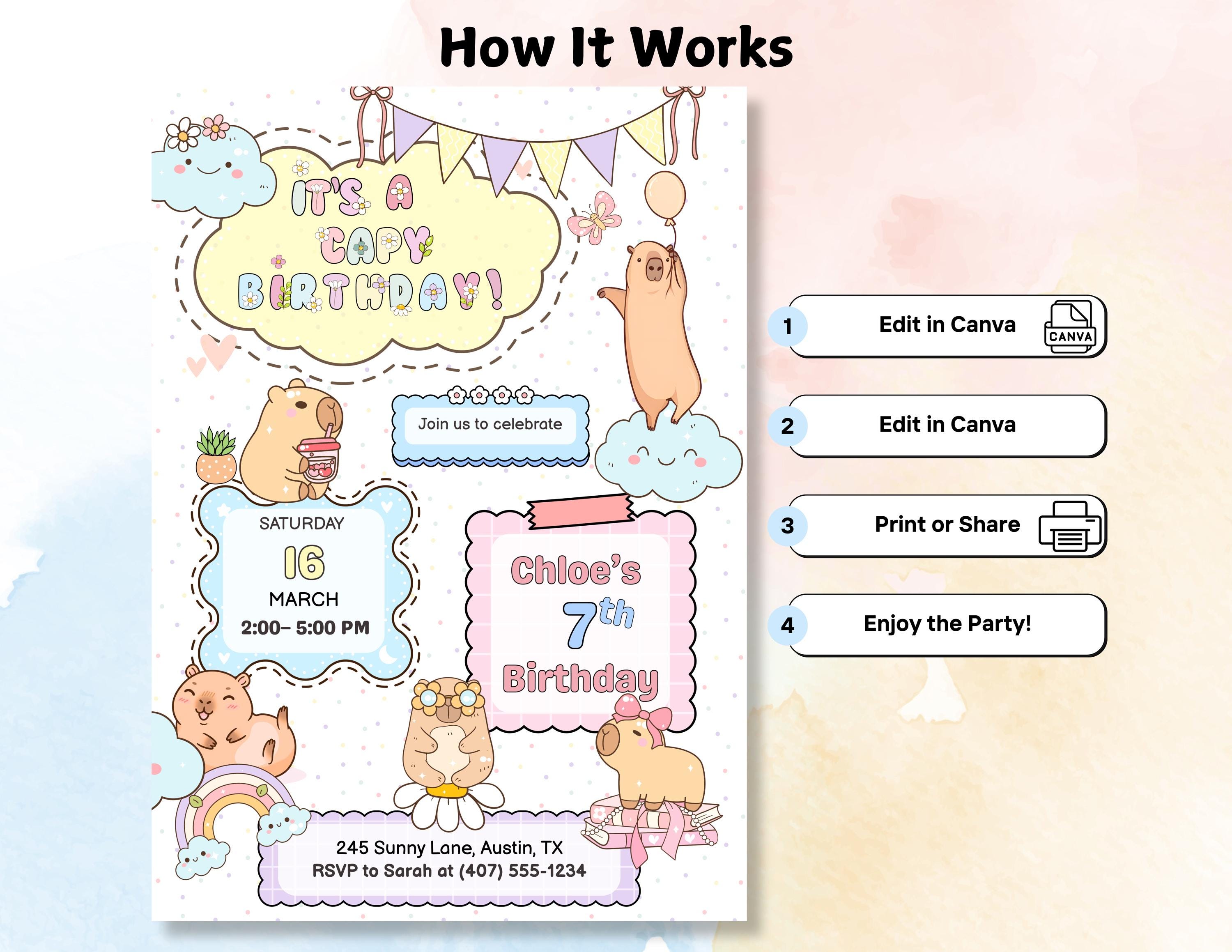 Capybara Birthday Invitation | Editable Canva Template | Cute Kawaii ...