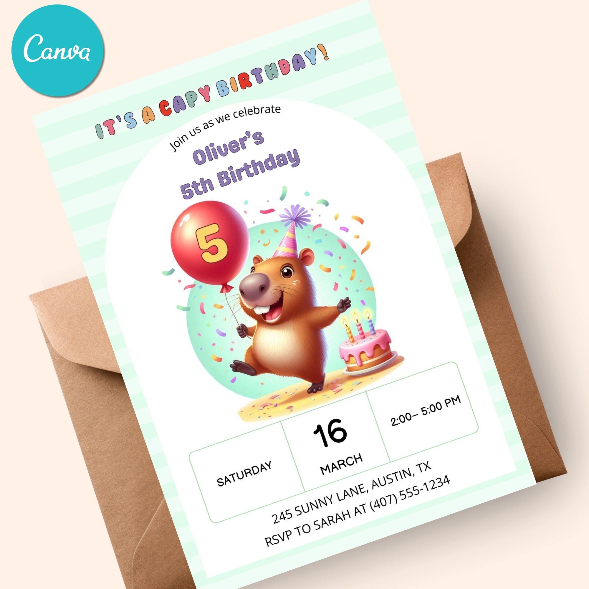 Capybara Birthday Invitation | Cute Capybara Party Invite | Digital ...