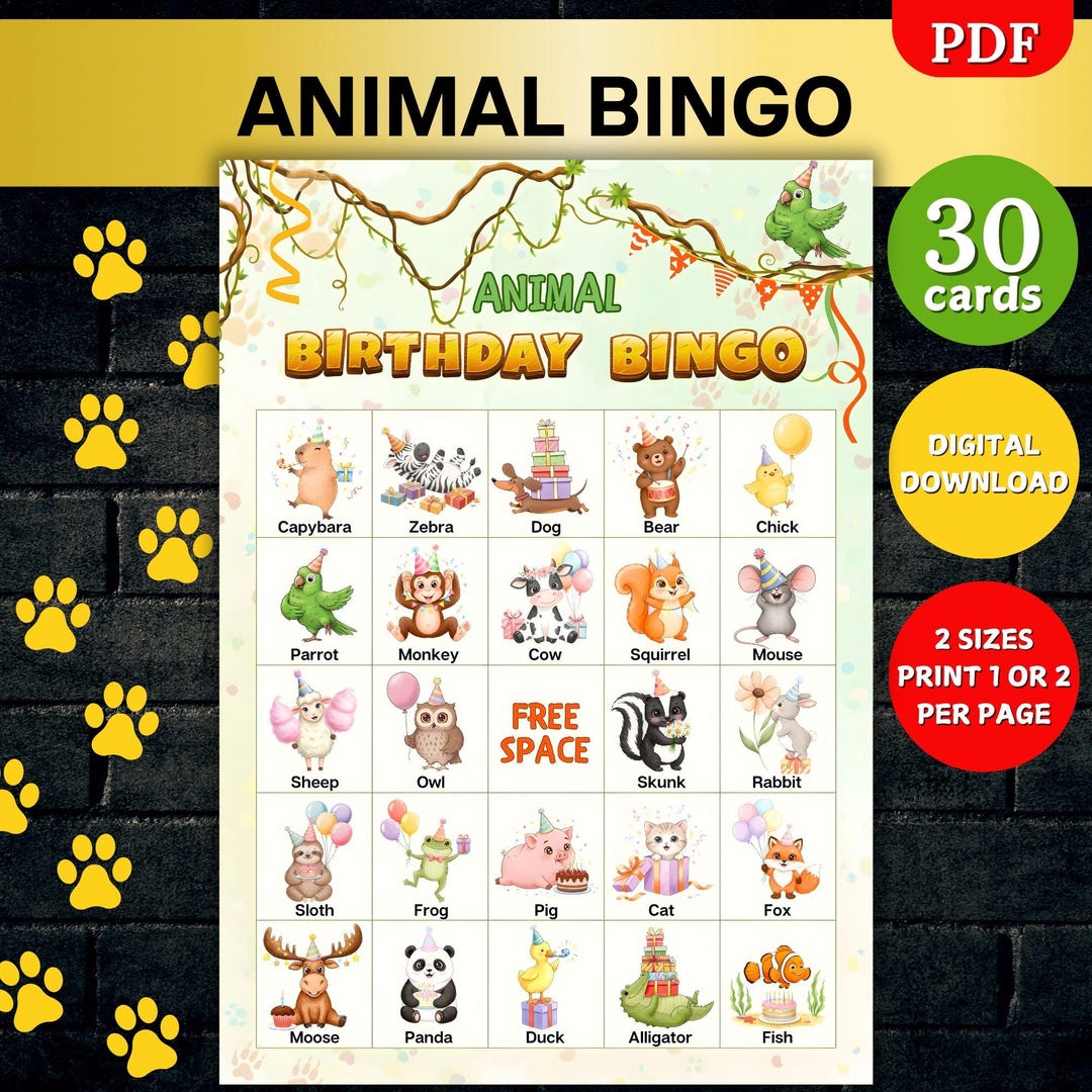 Animal Birthday Bingo Game for Kids Happy Birthday Party Bingo Cards ...