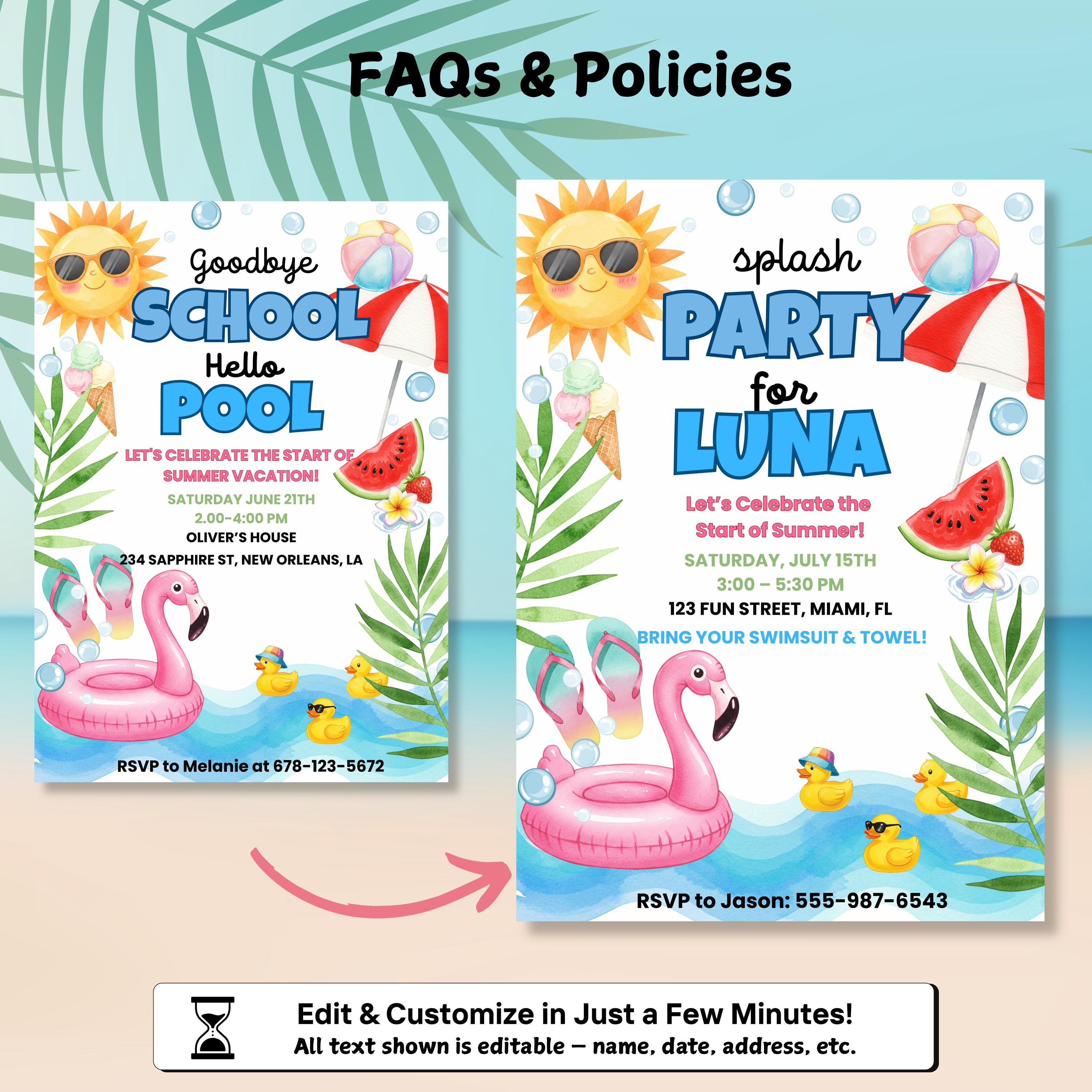Goodbye School Hello Pool Party Invitation, End of School Summer Invite ...