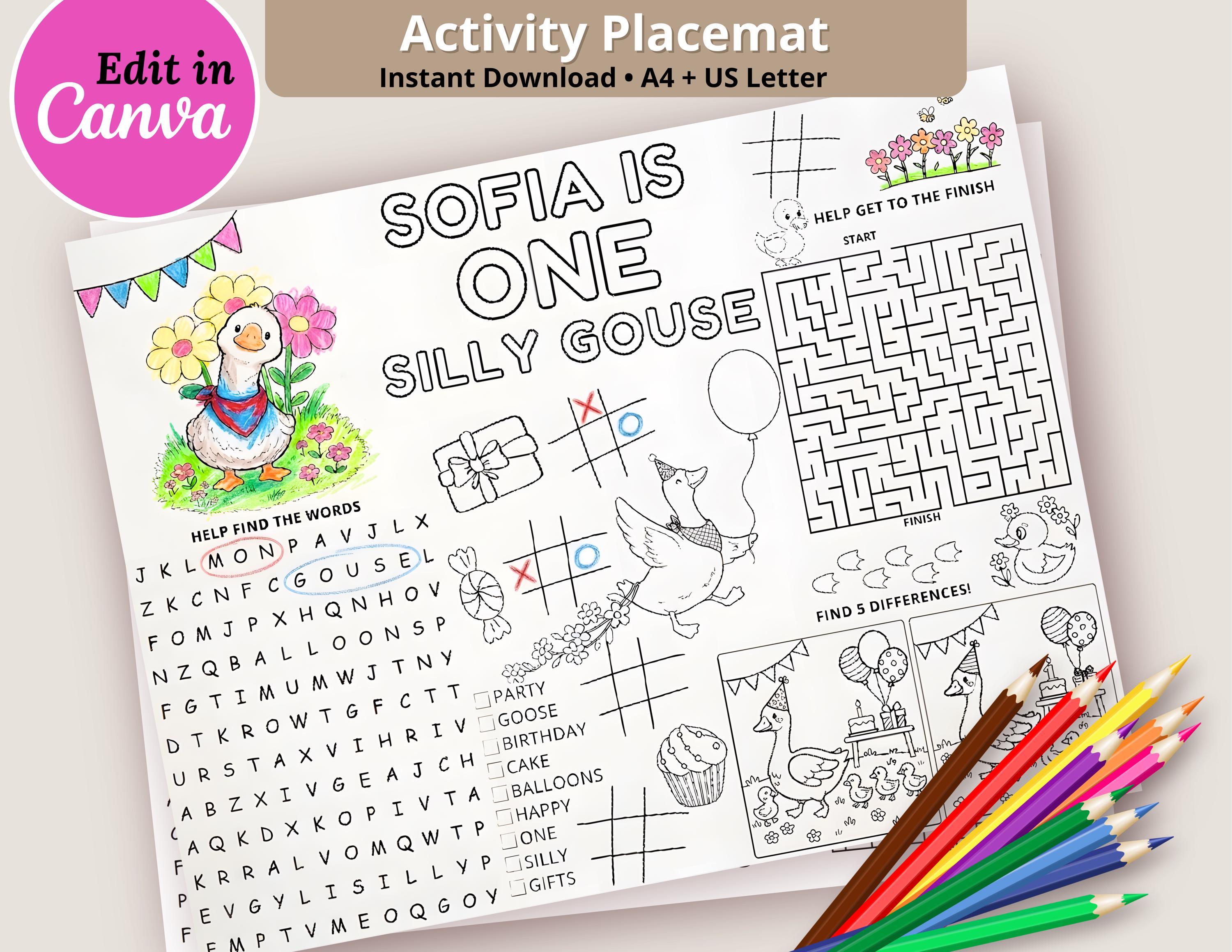 Silly Goose 1st Birthday Activity Pack for Kids, Goose Coloring Page ...
