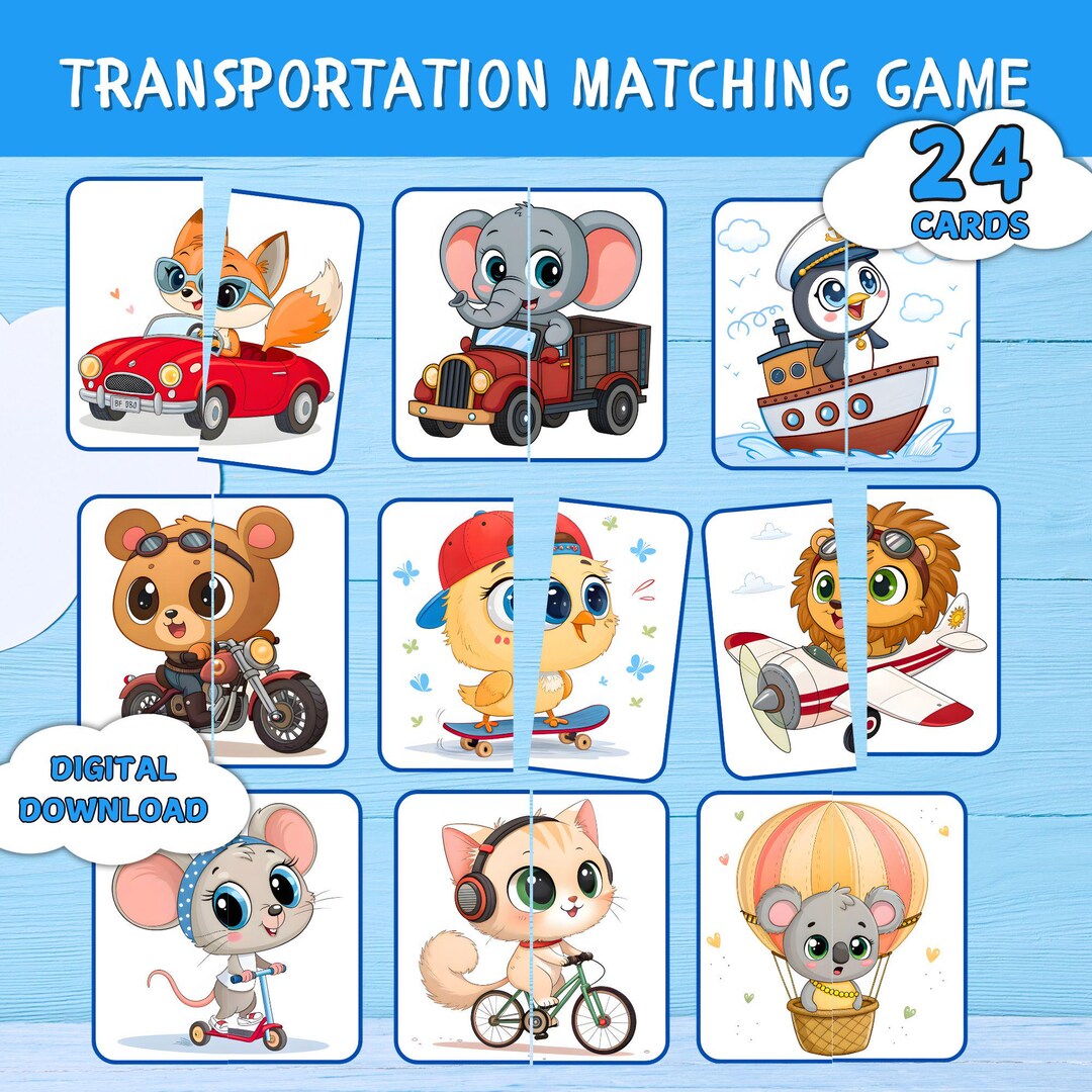 Transportation Matching Game for Kids Montessori Puzzle Symmetry Cards ...