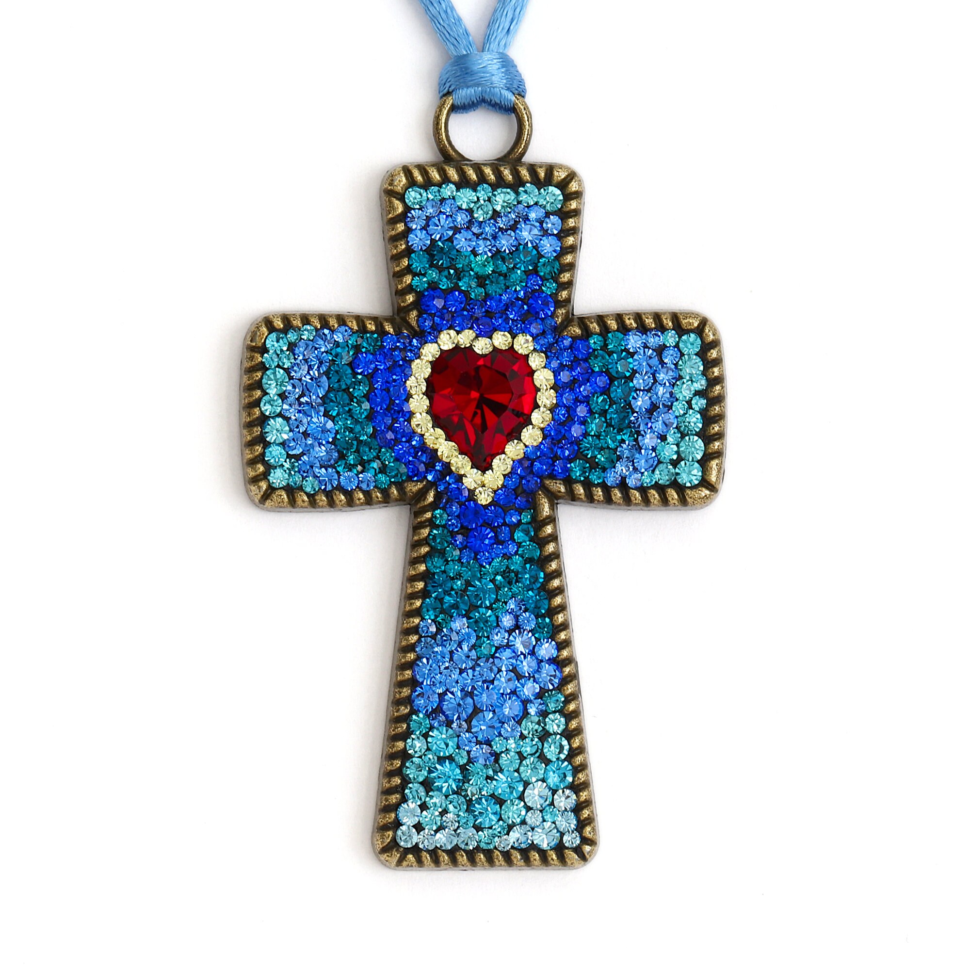 Ruby Red Heart Hand Jeweled Cross Pendant Necklace Swarovski Glass Blue ...