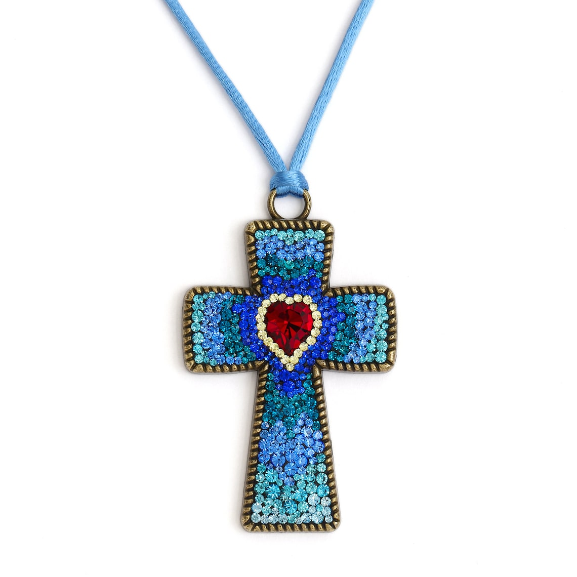 Ruby Red Heart Hand Jeweled Cross Pendant Necklace Swarovski Glass Blue ...